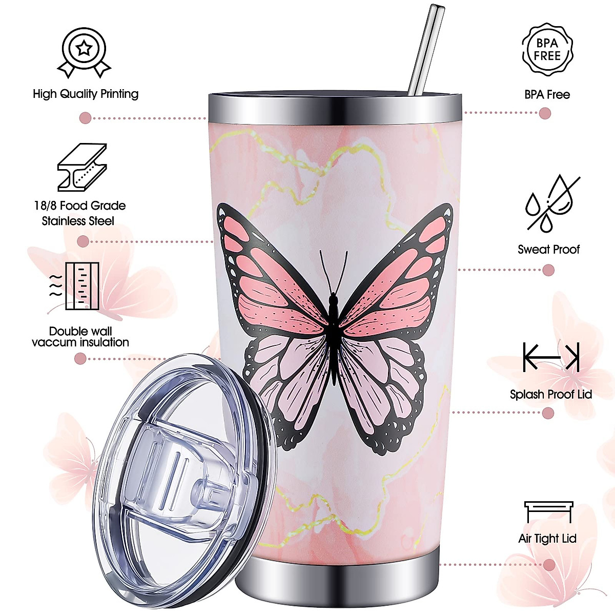 Funtery Valentine's Day Gifts 20 oz Pink Butterfly Tumbler Gifts for Women Nana Inspirational Birthday Gifts from Daughter Son Mom Gifts Mother's Day Pink Gifts Thank You for Mom Friends Wife