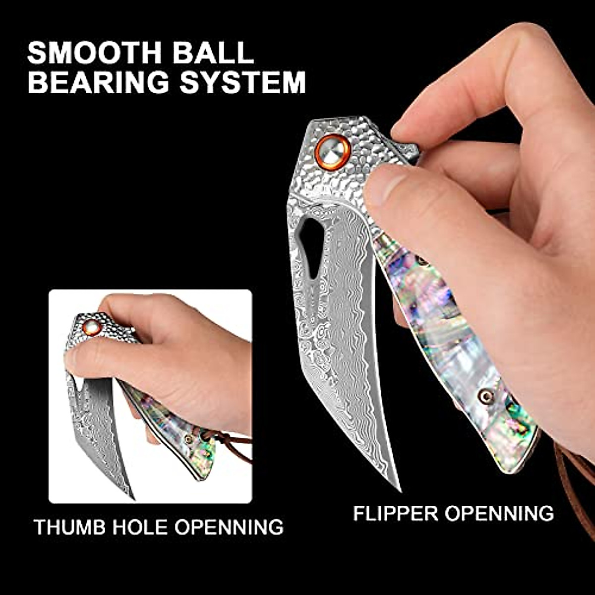 KOMWERO Damascus Pocket Knife for Men, VG10 Core Damascus Steel Folding Knife with Ball Bearing, Liner Lock, Abalone Shells Handle, Leather Sheath, Sharp EDC Knife for Gift Collection