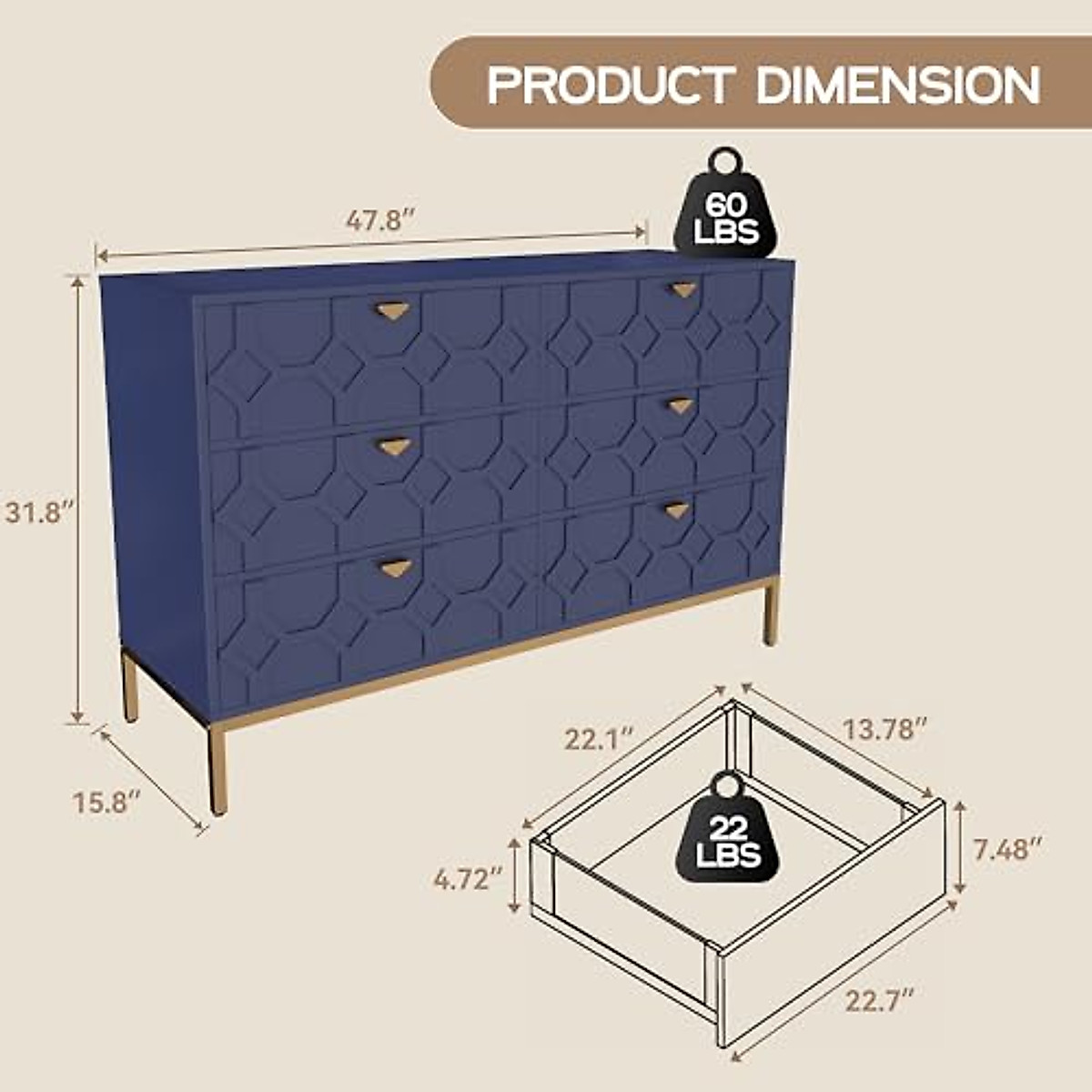 Clihome 6 Drawer Double Dresser, Sideboard with 6 Drawers Modern Chest of Drawers Wood Dresser for Living Room, Home Office, Entryway, Blue