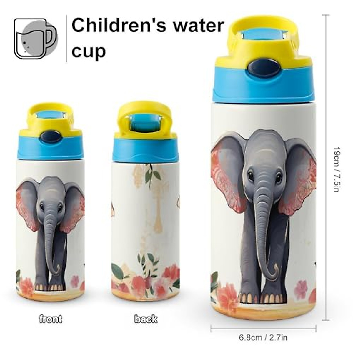 Stainless Steel Water Bottles Lucky Elephant Travel Water Cups with Handle And Silicone Straw Drinking Cup with Leak Proof Lid Thermo Travel Mug for Women Men