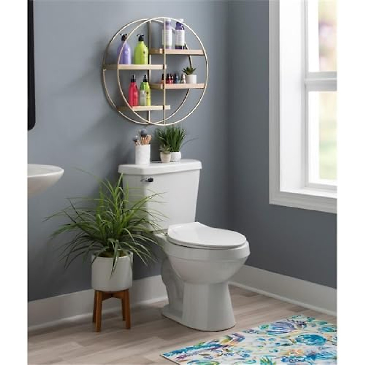 Linon Kenson Round Metal and Greywashed Wood Four Shelf Wall Storage in Gold