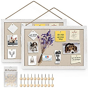 Miratino 2-Pack Wood Board with Linen 16x11 inch Bulletin Board Wall Decor Hanging Pin Wood Framed Display Bulletin Cork Picture Board Light for Room School Office Bedroom 20-Pushpin Vintage White