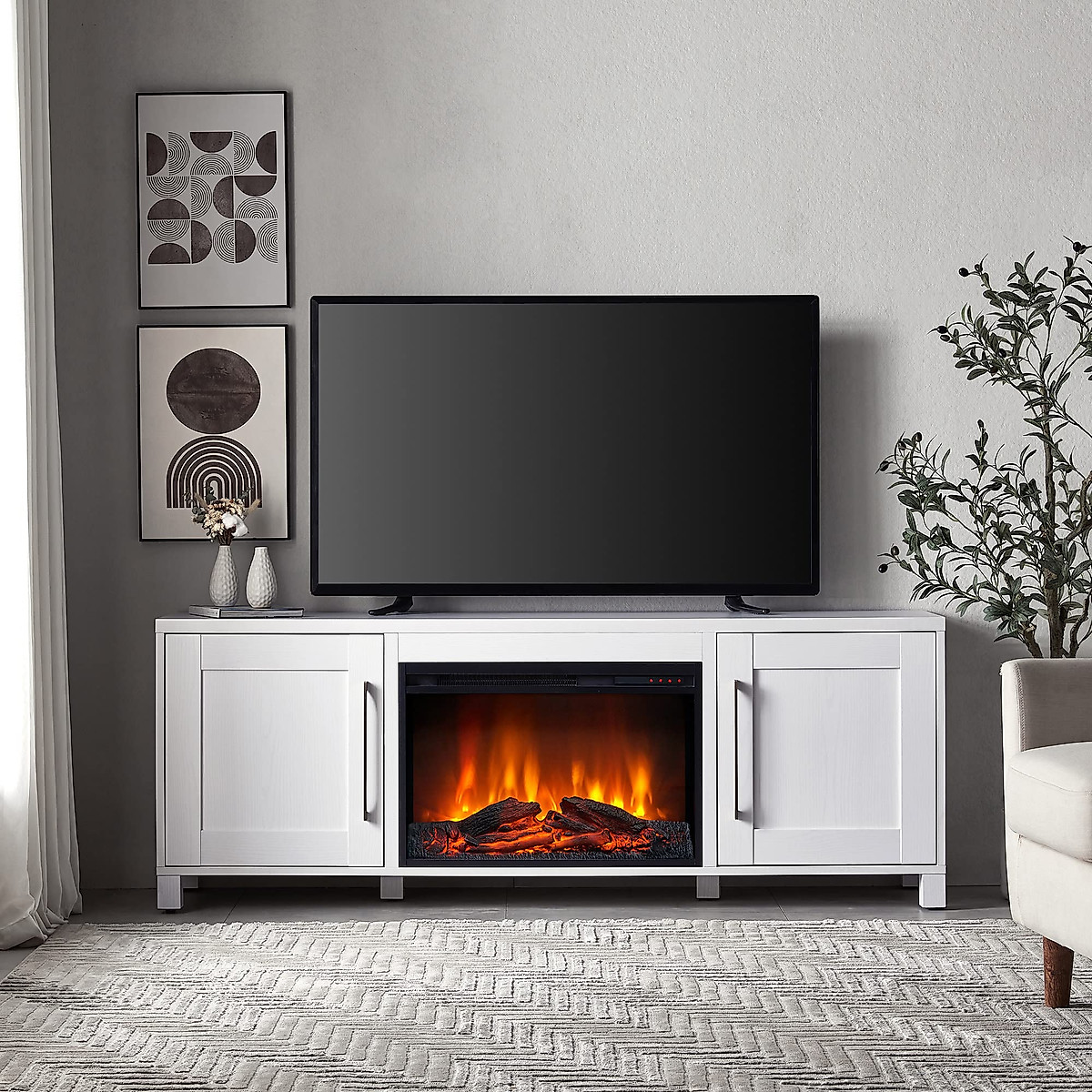 Henn&Hart Rectangular TV Stand with 26" Log Fireplace for TV's up to 80" in White, Electric Fireplace TV Stands for the Living Room