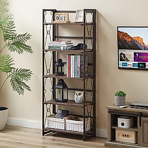 VECELO Bookshelf, 5 Shelf Folding Bookcase No Assembly, Industrial Metal Freestanding Shelves Rack Organizer for Living Room, Office, Bedroom, Kitchen, Set of 2, Dark Brown