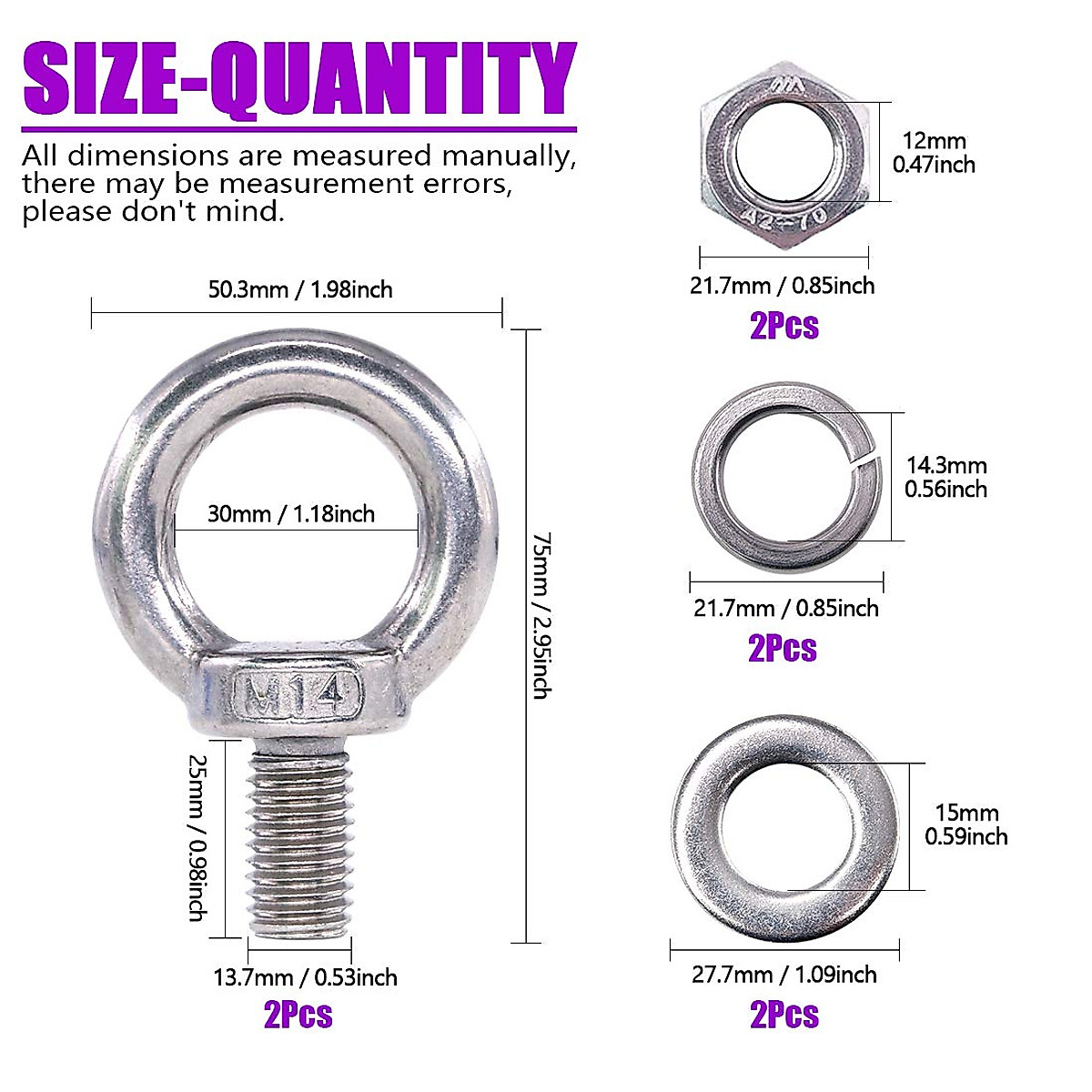 8Pcs 304 Stainless Steel M14 Male Thread Lifting Ring Eye Bolt Kit, Including 2Pcs M14 Eye Bolt with 2Pcs Lock Nuts, 2Pcs Lock Washers and 2Pcs Flat Washers
