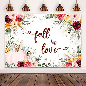 Mocsicka Fall in Love Bridal Shower Backdrop Burgundy Pink Pumpkin Bridal Shower Background Boho Autumn Bridal Shower Party Decorations Banner Photo Studio Props (7x5ft)