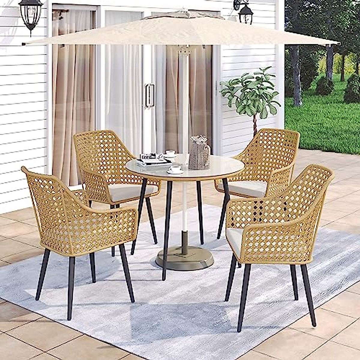 Verano Garden 5 Pieces Outdoor Dining Set, Patio Wicker Dining Chairs and Round Table Set for 4, Rust-Resistant Steel Frame Dining Set W/Umbrella Hole for Backyard, Porch, Garden, Lawn