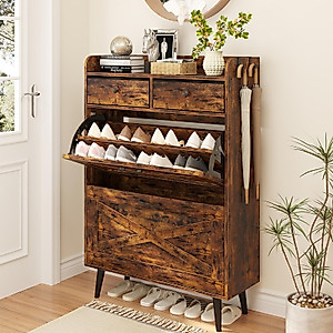 Shoe Cabinet Storage for Entryway, Narrow Shoe Organizer Cabinet with 2 Flip Drawers & 2 Fabric Drawers, Farmhouse Freestanding Big Shoe Storage Cabinet with Robust Legs, Rustic Brown