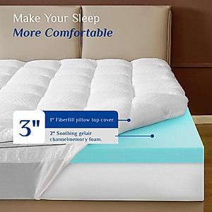 Dual Layer 3 Inch Memory Foam Mattress Topper Queen Size, 2 Inch Cooling Gel Memory Foam Plus 1 Inch Down Alternative PillowTop Mattress Pad Cover with 8-21 Inch Deep Pocket