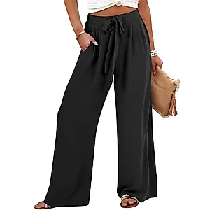 Caracilia Women Wide Leg Palazzo Pants Summer High Waist Flowy Casual Trousers Loose Lounge Beach Travel Vacation Clothes Black Medium