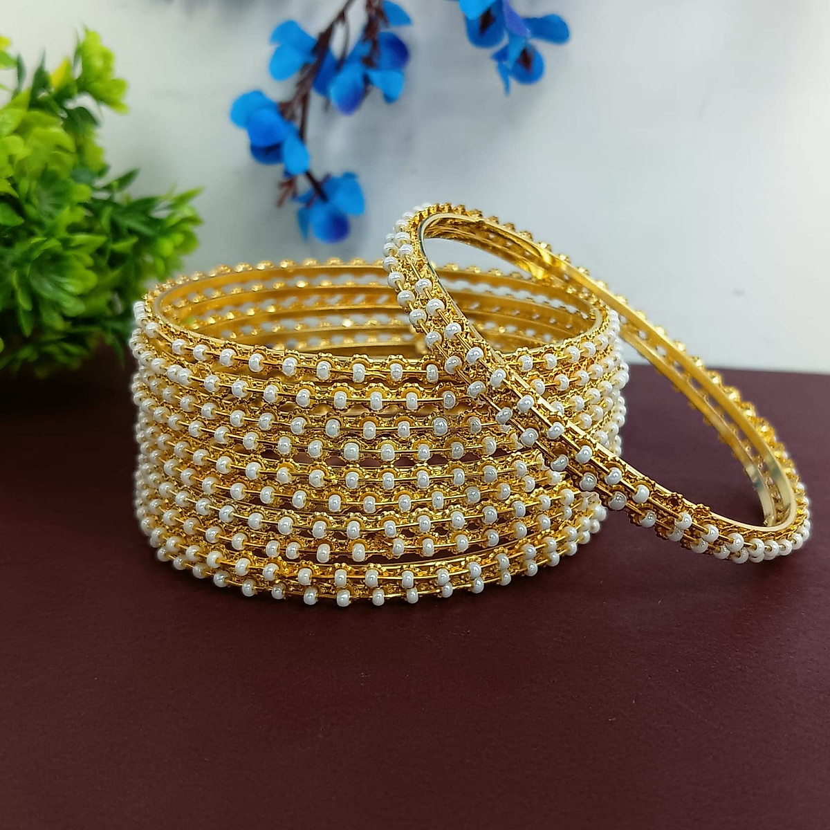 Efulgenz Indian Bangles for Women Gold Bangles Faux Pearl Traditional Bracelet Bangles Set Bollywood Jewelry for Women