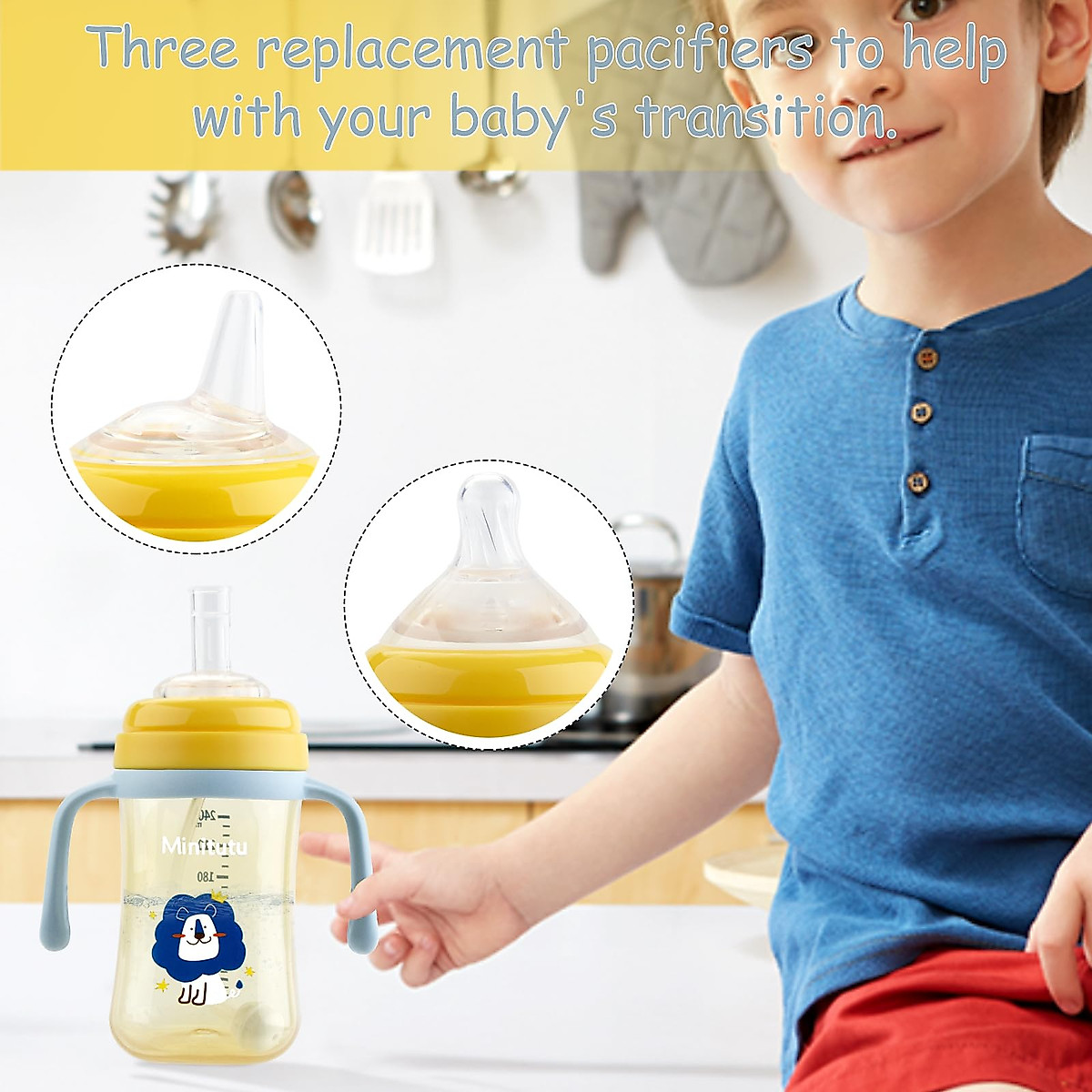 Weighted Straw Sippy Cup,Sippy Cup with Straw and Handles,Weighted Straw Trainer Cup,No-Spill Easy Grip Cup with Soft Flex Spout,with 3 Sippy Spouts for Baby and Toddlers (Blue)