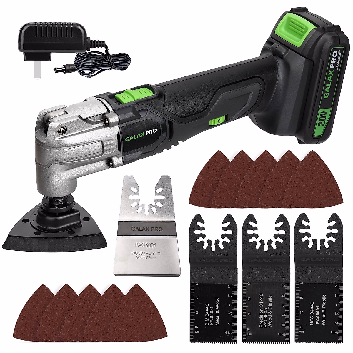 GALAX PRO Oscillating Tool, 20V Lithium Ion Cordless Oscillating Multi Tool with 1.3Ah Battery and Charger, 3pcs Blade and 10pcs Sanding Papers for Sanding, Grinding