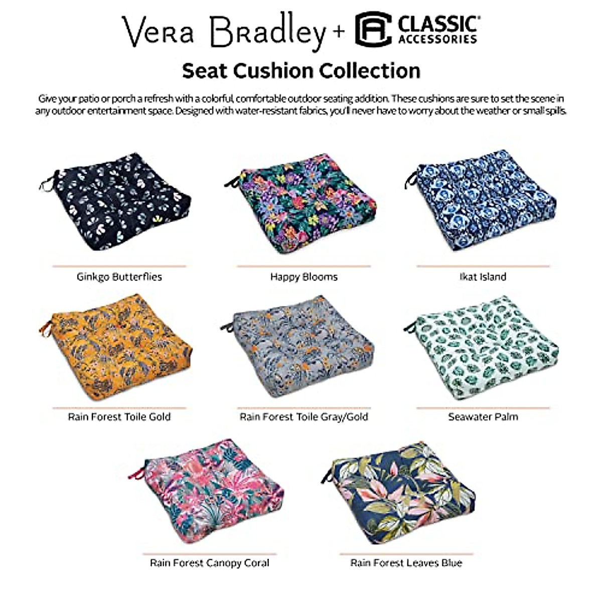 Vera Bradley by Classic Accessories Water-Resistant Patio Chair Cushions, 19 x 19 x 5 Inch, 2 Pack, Rain Forest Toile Gold, Chair Seat Cushions