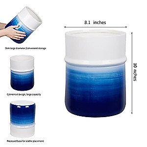 Decorative Round Small Trash Can Wastebasket, Garbage Container Bin for Bathrooms, Powder Rooms, Kitchens, Home Offices-Hand Painted Navy Blue，Ceramic