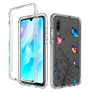 Vavies Phone Case for Huawei P30 Lite/Nova 4E, Butterfly Tree Floral Design, Clear TPU, Full Body Protection, Tempered Glass Screen Protector, Compatible with MAR-LX3A Models