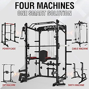 Mikolo Smith Machine with Weight Bench, Multifunction Power Cage and Cable Crossover Machine, Workout Machine with Storage System, Band Pegs, Smith Bar and Other Attachments for Home Gym（Black&Black）