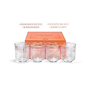 GLASSIQUE CADEAU Vintage Art Deco Lowball Gatsby Cocktail Glasses | Set of 4 | 13 oz Double Old Fashioned Tumblers for Drinking Classic Whiskey, Gin, Vodka Bar Drinks | Round Short Glassware