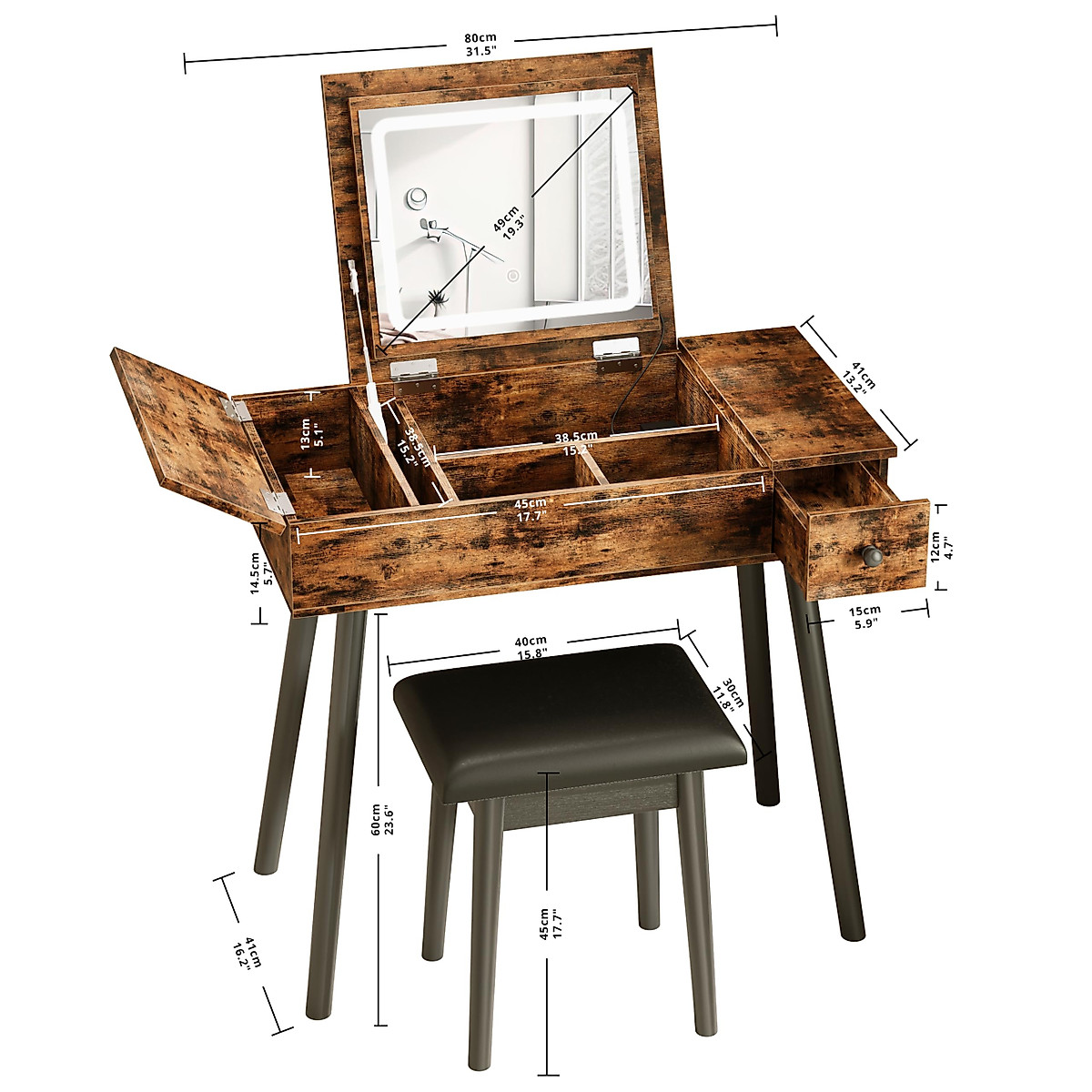 IRONCK Vanity Desk Set with LED Lighted Mirror & Power Outlet, Flip Top Makeup Vanity Table with Drawers & Cabinet,for Bedroom, Bathroom, Vintage Brown