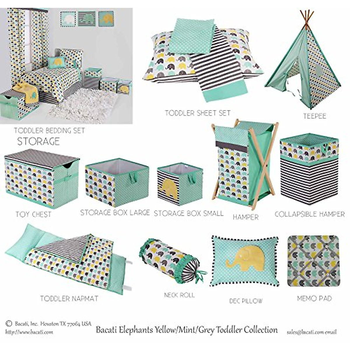 Bacati Elephants Unisex Activity Gym with Mat, Mint/Yellow/Grey