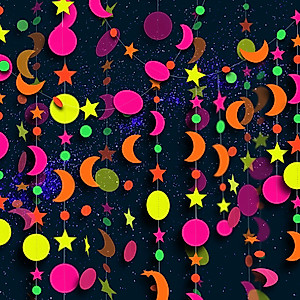 90ft Neon Fluorescent Party Hanging Decoration Glow in The Dark Party Supplies Garlands Stars Moon Dot Garland for Birthday Wedding Neon Party Background Decoration Supplies