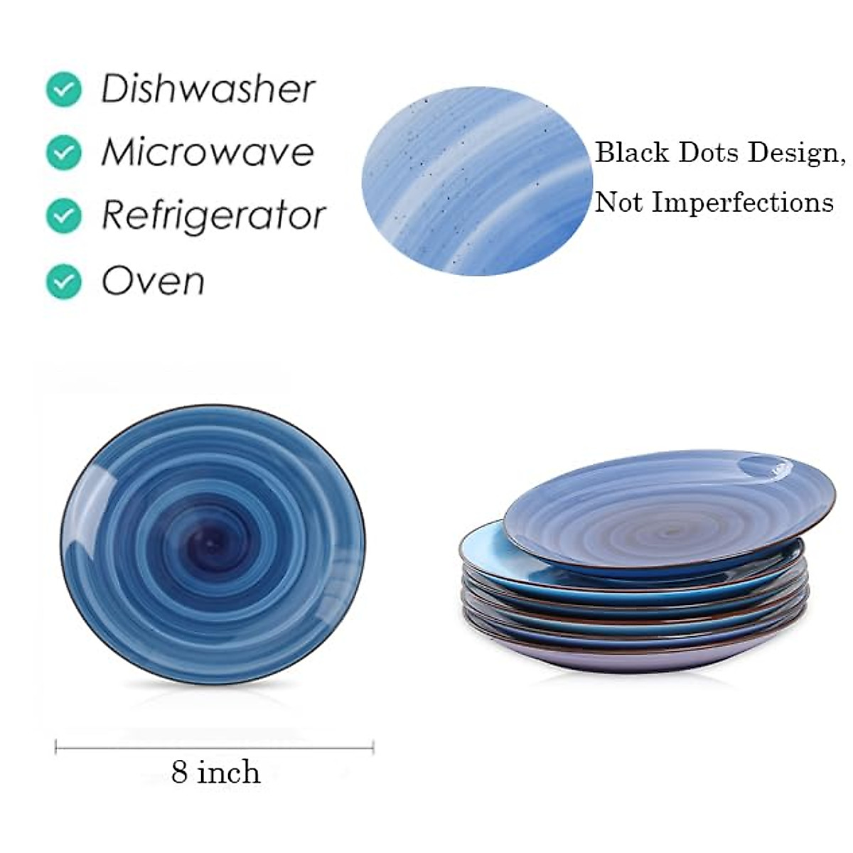 Selamica Ceramic 8 inch Dinner Plates, Small Dessert Salad Plates, Porcelain Serving Plate for Appetizer, Pancakes, Steak, Set of 6, Black Speckles, Gradient Blue
