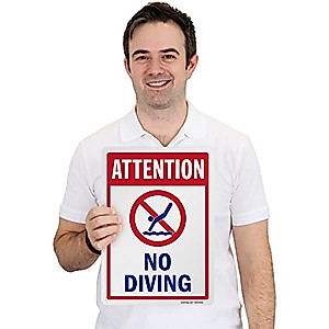 SmartSign 14 x 10 inch “Attention - No Diving” Pool Metal Sign, 40 mil Laminated Rustproof Aluminum, Red, Blue and White