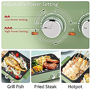 Topwit Shabu Shabu Pot with Grill, 2 in 1 Indoor Non-Stick Shabu Shabu Pot and Griddle for Korean BBQ, Steaks, Ramen and Noodles, Independent Dual Temperature Control, Fast Heating, Green