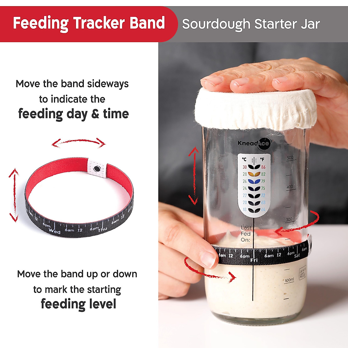 KneadAce Sourdough Starter Jar With Date Marked Feeding Band, Thermometer, Sourdough Jar Scraper, Sourdough Container Sewn Cloth Cover & Metal Lid, Sourdough Starter Kit For Sourdough Bread Baking