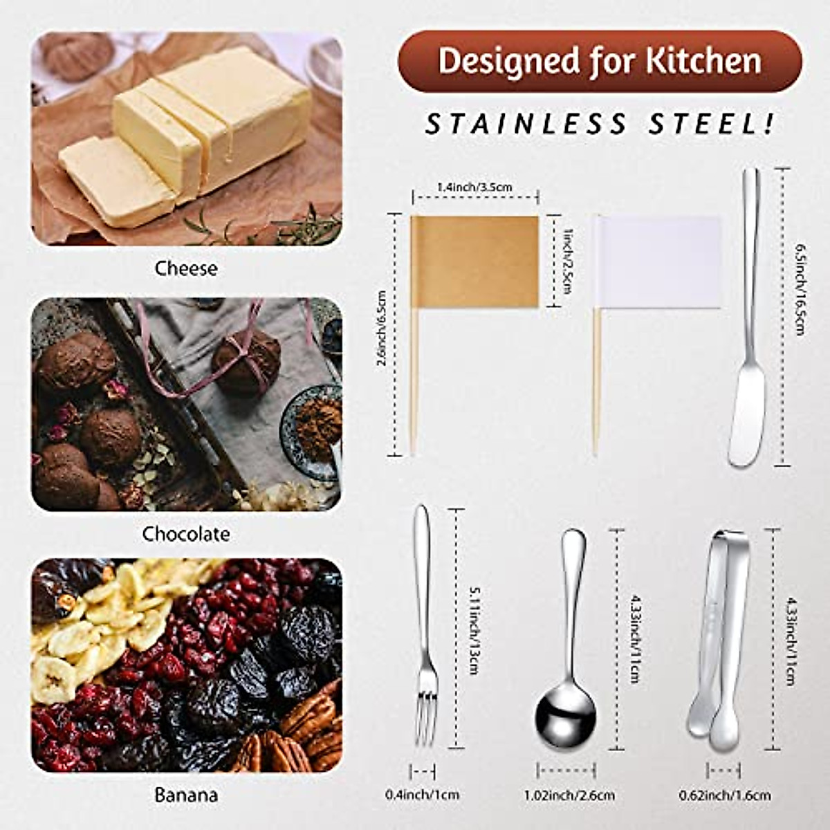 Cheese Butter Spreader Knives Set Charcuterie Accessories Stainless Steel Spreader Knives Charcuterie Boards Utensils Mini Serving Tongs Spoons and Forks for Pastry Making (Silver, 14 Pcs)