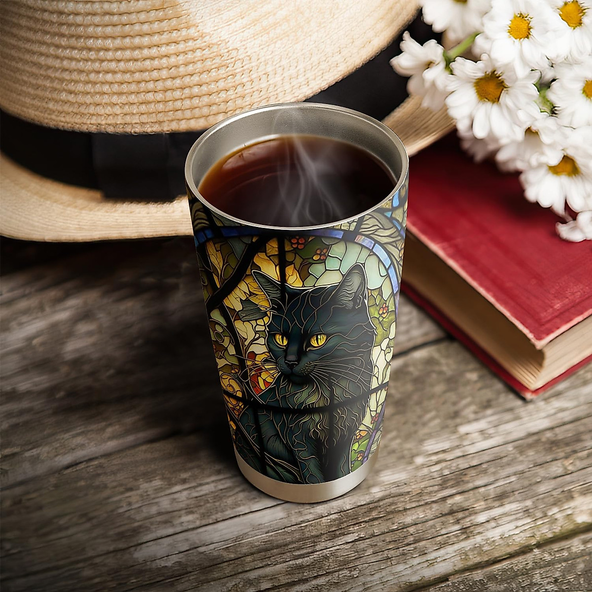 20oz Stained Glass Black Cat Tumbler, Gifts for Cat Lovers, Coffee Thermos for Women, Stainless Steel Double Wall Vacuum Insulated Coffee Mug, Travel Cup with Lid