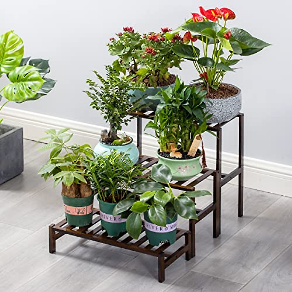 Bamboo 3-Tier Ladder Plant Stand, Planter Holder Flower Pot Display Shelf, Freestanding Plants Rack for Home Garden Patio Balcony Indoor Outdoor