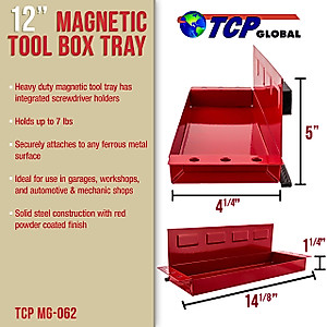 TCP Global 12" Magnetic Tool Box Tray with Screwdriver Holder - Steel Storage Shelf Bin, Holds 6 Screwdrivers, Store Hand Tools, Auto Parts - Attach to Wall, Chest, Cabinet - For Shop, Workshop Garage