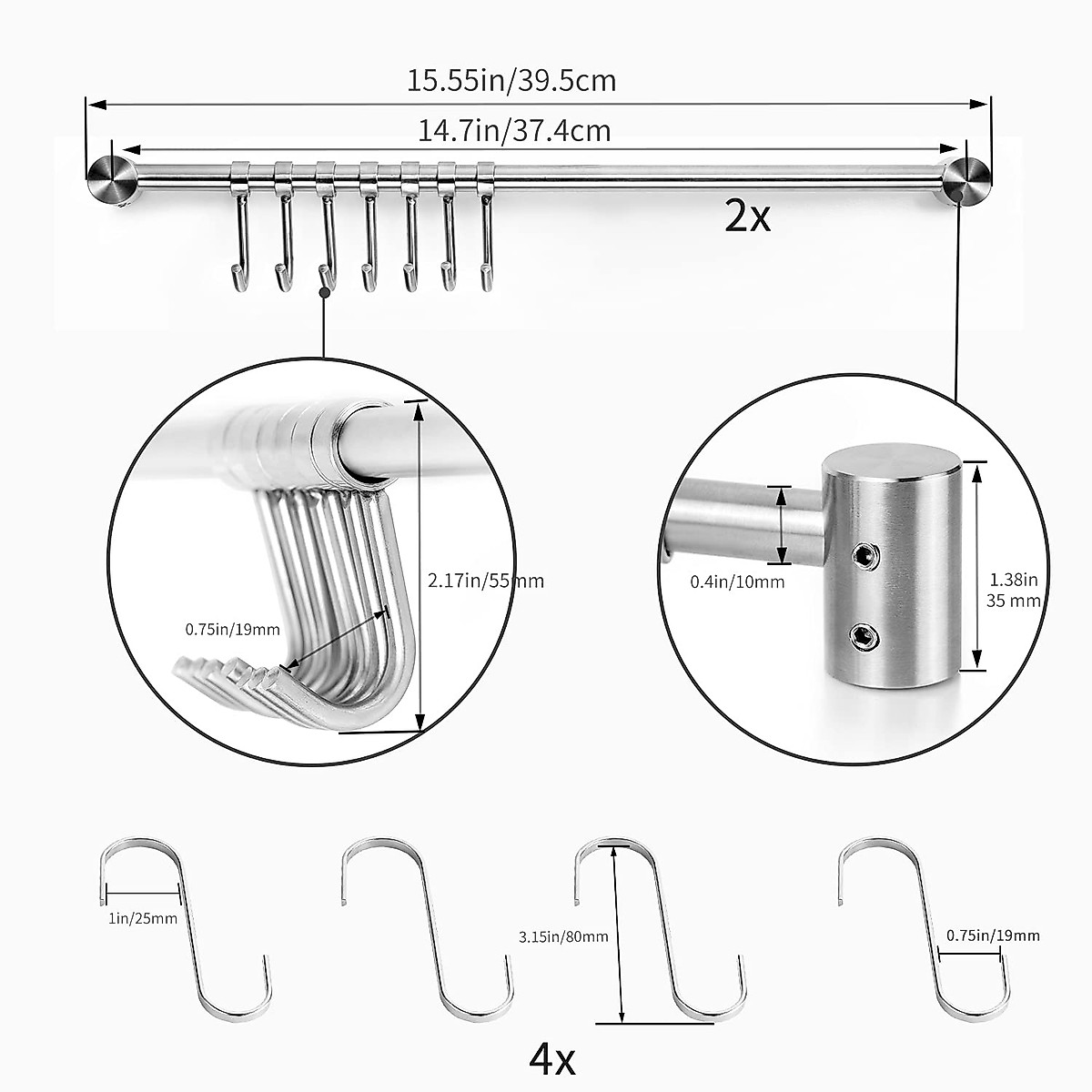 Kitchen Utensil Rack 2 Pack, Audmore 15.6 Inch Pots and Pans Hanging Rack Wall Mounted, 304 Stainless Steel Lid Cooking Utensil Hanger, 7 Sliding Hooks for Spatula Spoon, Measuring Cups, Coffee Mug