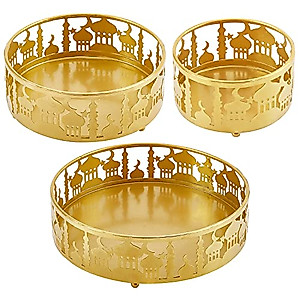 CHGCRAFT 3 Pcs 3 Sizes Metal Eid Food Tray Round Islam Platter Snack Dessert Holder Lunar Ramadan Tray Set Islam Mubarak Food Tray Decoration for RHoliday Home Party, Antique Bronze