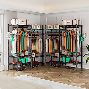 PUNION Wire Garment Rack, Heavy Duty Clothes Rack for Hanging Clothes, Metal Clothing Rack, Compact Freestanding Wardrobe Closet with Shelves Racks