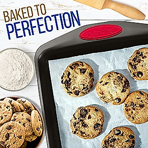 NutriChef 2-Piece Baking Pan Set - PFOA, PFOS, PTFE Free Flexible Nonstick Black Coating Carbon Steel Bakeware - Professional Home Kitchen Bake Cookie Sheet Stackable Tray w/Red Silicone Handles