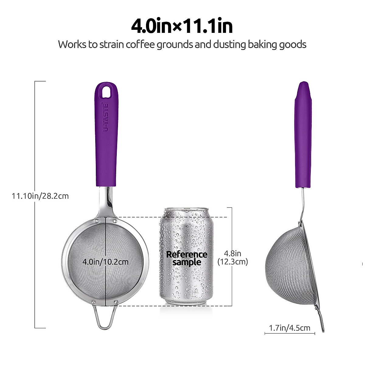 18/8 Stainless Steel Mesh Strainer: U-Taste 3.9 Inch Kitchen Fine Mesh Sieve Food Colander with Riveted Sturdy Silicone Handle and 30 Mesh Hole for Straining Flour, Quinoa, Tea, Juice (Purple)