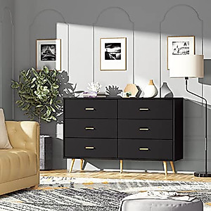 LYNSOM Black Dresser, Modern 6 Drawer Dresser for Bedroom with Wide Drawers and Metal Handles, Wood Storage Chest of Drawers for Living Room Hallway Entryway