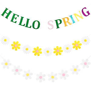 3 Pieces Hello Spring Banners Spring Flower Banner Garland Decoration, Spring Daisies Garlands for Outdoors Indoors Party Hanging Celebrations Decorations (Spring)