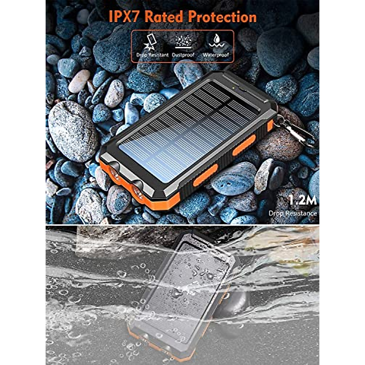 Solar Power Bank 36800mAh Portable Solar Charger 5V3.1A, QC 3.0 Dual 2 USB,LED Flashlights Port Strong LED IPX7 Flashlight,Waterproof, Dustproof, Shockproof (Orange)