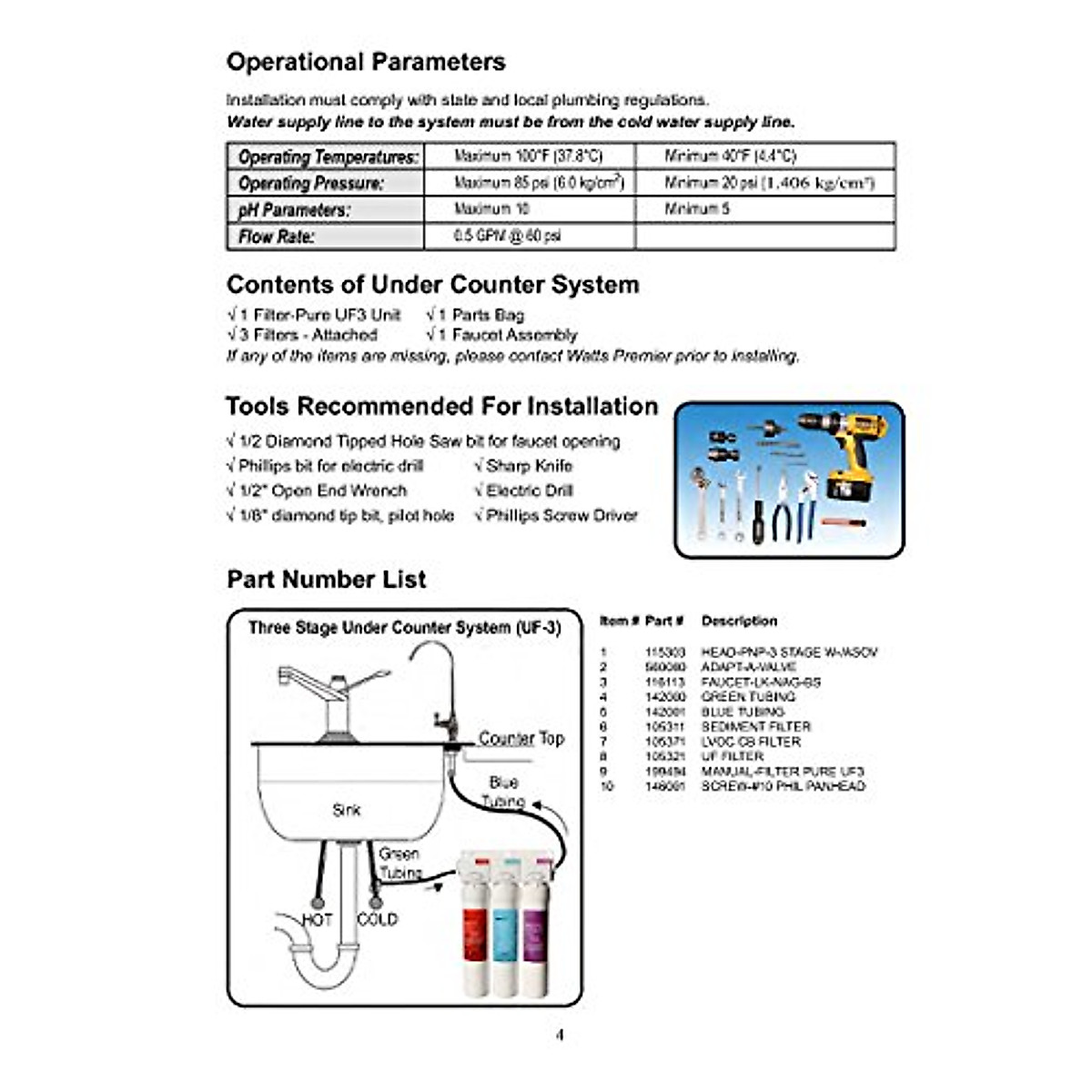 Watts Premier WP531130 Pure UF-3 Three-Stage Water Filtration System with Top Mount Twist Faucet, Brushed Nickel