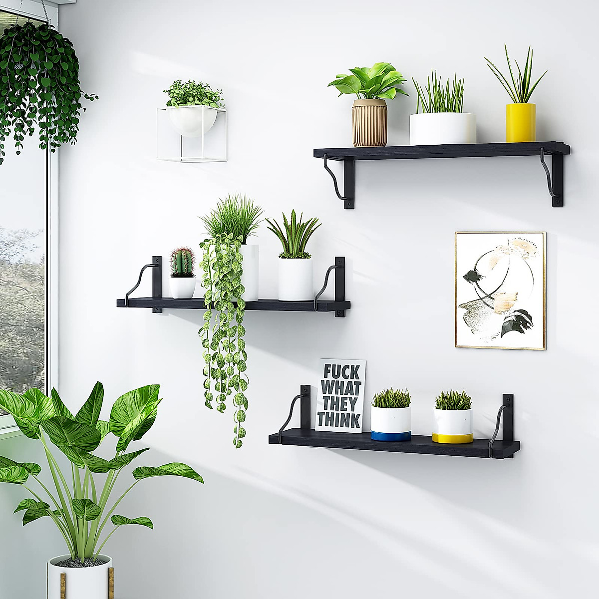 Inforth Wall Shelves, Wood Wall Mounted Shelves for Wall Storage, Floating Shelves for Wall Display with Metal Bracket, Hanging Shelves for Bedroom Kitchen Living Room (Black, 17 Inches)