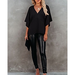 Womens V Neck 3/4 Bell Sleeve Blouse Tops Summer Loose Solid Kimono Shirt Patchwork Irregular Hem Tunic Black