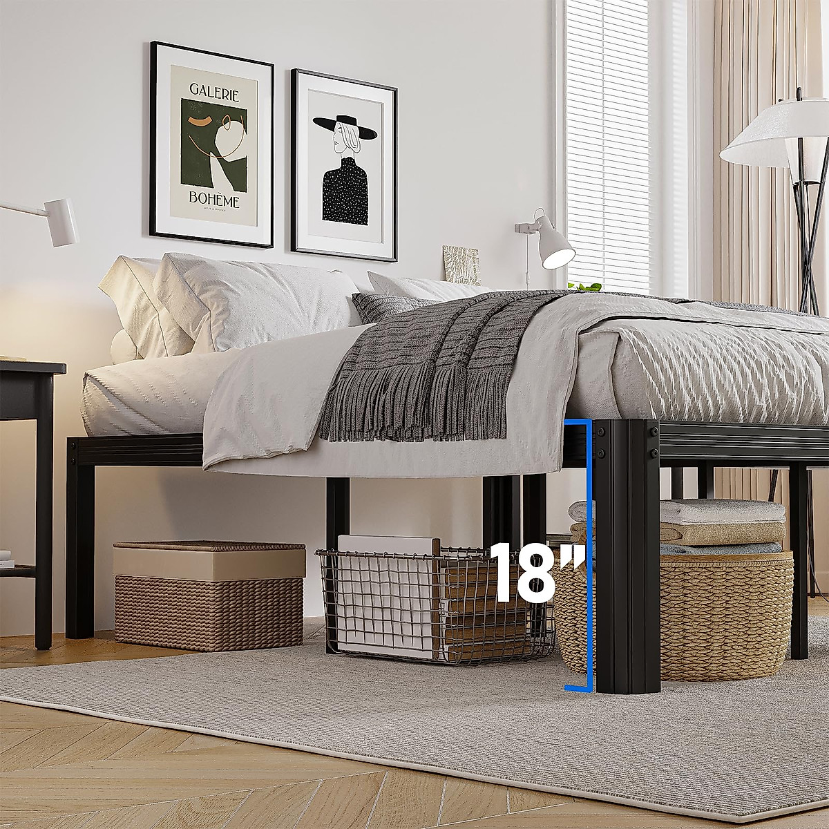 Askeld Queen Bed Frames, 18 Inch High Bedframe No Box Spring Needed, Heavy Duty Steel Slats Platform Mattress Base, 4500lbs Weight Capacity Reinforced Metal Frame, Noise-Free, Easy Assembly, Black