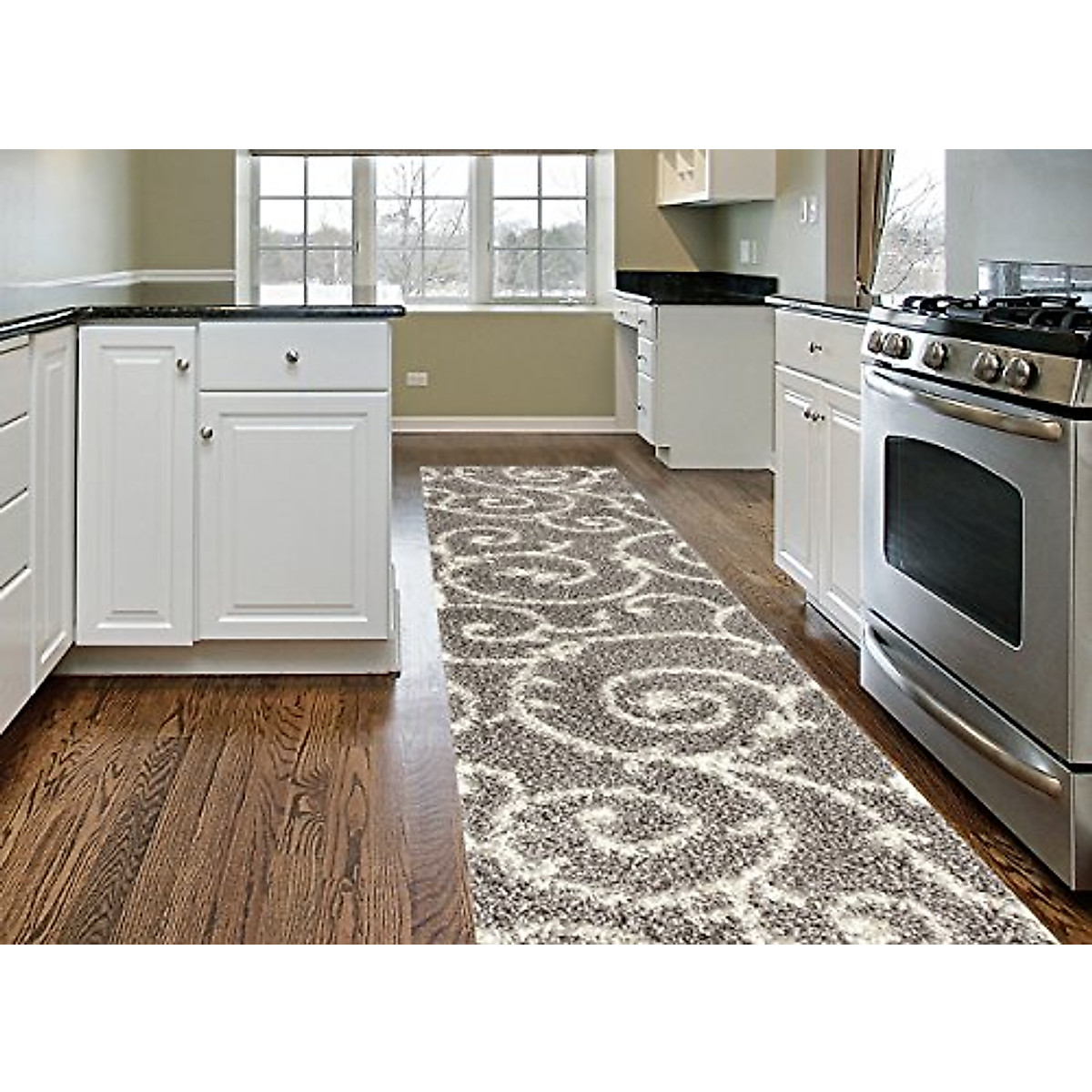 Cozy Contemporary Scroll L.Grey-White 2' X 7'2" Indoor Shag Area Rug Runner