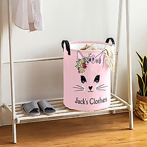 Cute Cat Personalized Freestanding Laundry Hamper, Custom Waterproof Collapsible Drawstring Basket Storage Bins with Handle for Clothes
