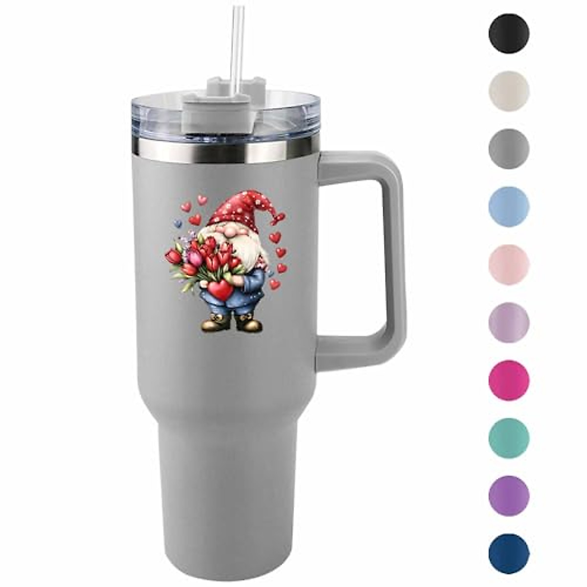 LB LEOBON 40 ounce insulated cup with handle, double-layer vacuum stainless steel material, equipped with straw, can keep warm or maintain cold drinks Gnome Love Bouquet J grey