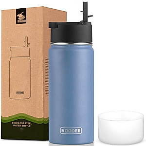 koodee 16 oz Water Bottle for Kids Stainless Steel Double Wall Vacuum Insulated Wide Mouth Flask with Leakproof Straw Lid (Royal Blue)