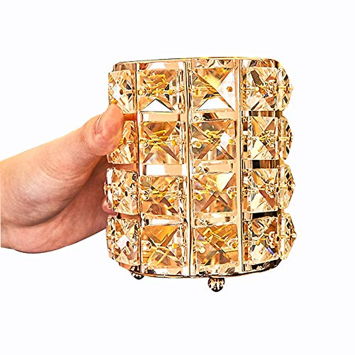 Luckymoo Crystal Beads Makeup Brush Holder Brush Pen Pencil Holder Pot Cup Pencil and Make Up Storage Cup, Round Luxurious Jewelry Rack (Golden)